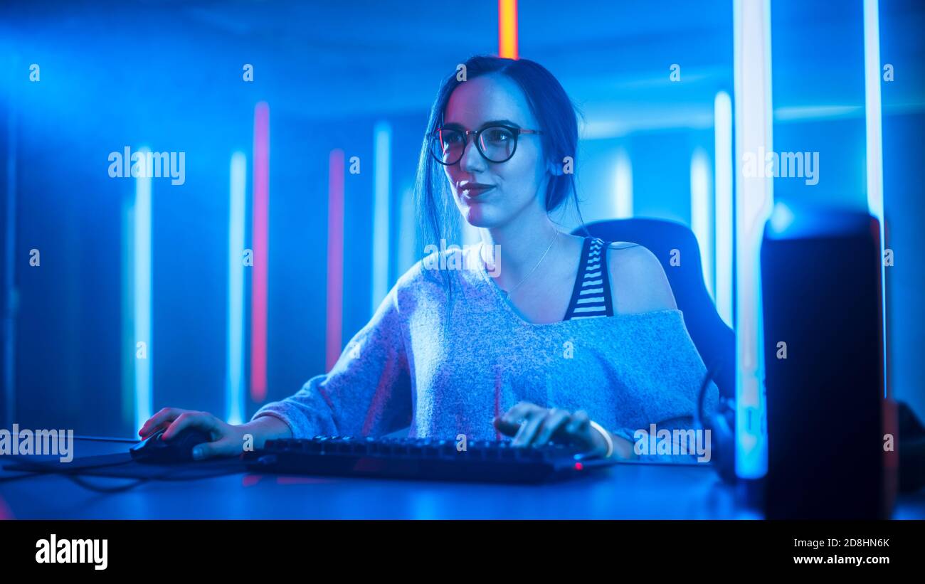 Beautiful Professional Gamer Girl Playing and Streaming Online Video ...