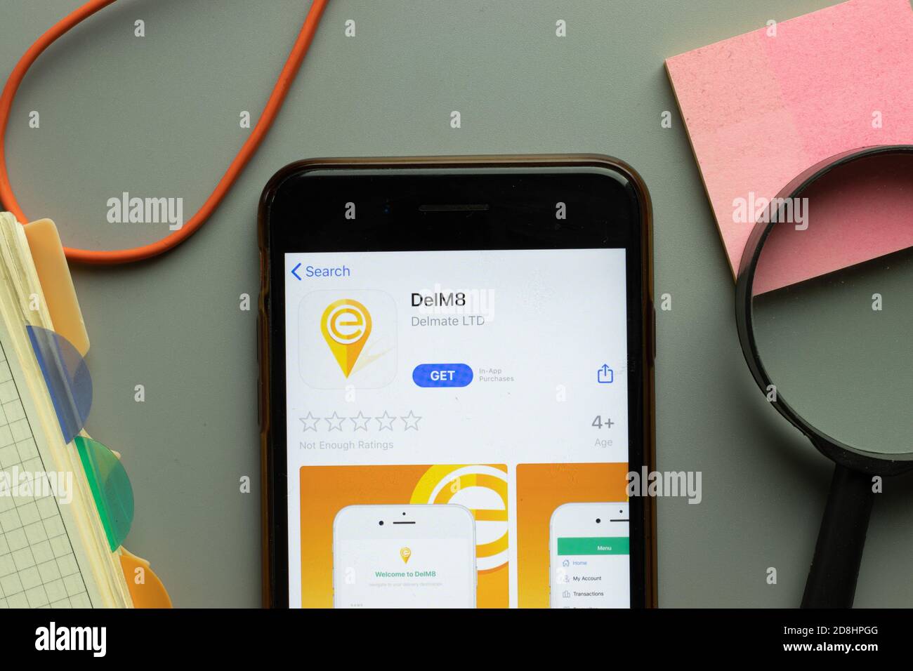 New York, USA - 26 October 2020: DelM8 mobile app logo on phone screen ...