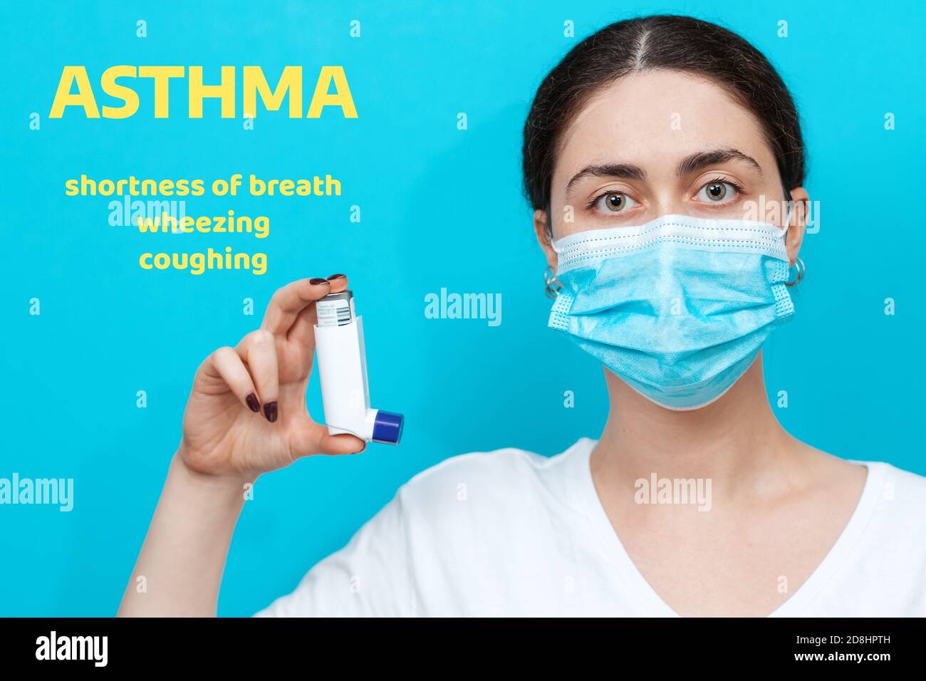 Symptoms of allergy asthma. Portrait of a woman in a medical mask ...