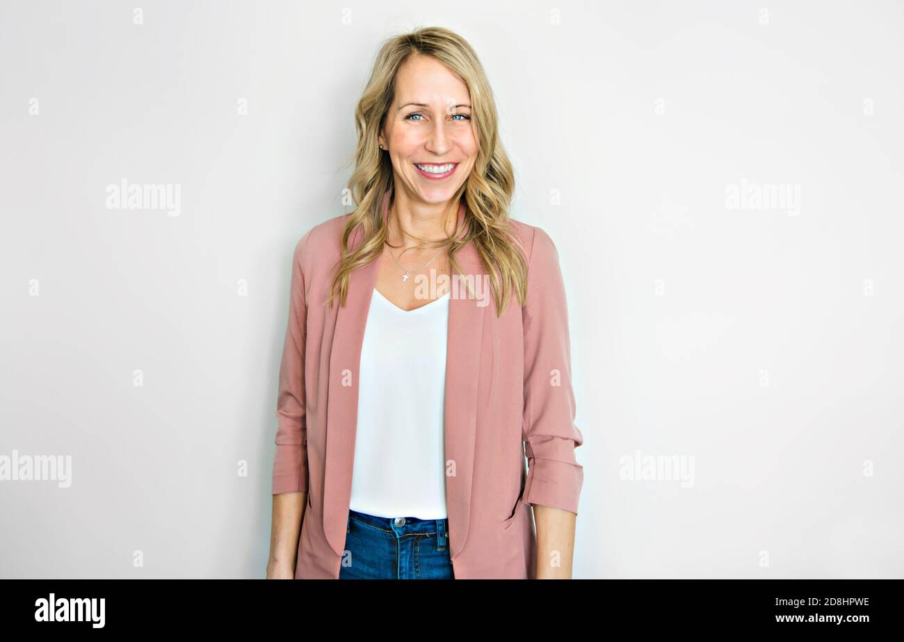 Happy nice woman Isolated on white background Stock Photo - Alamy