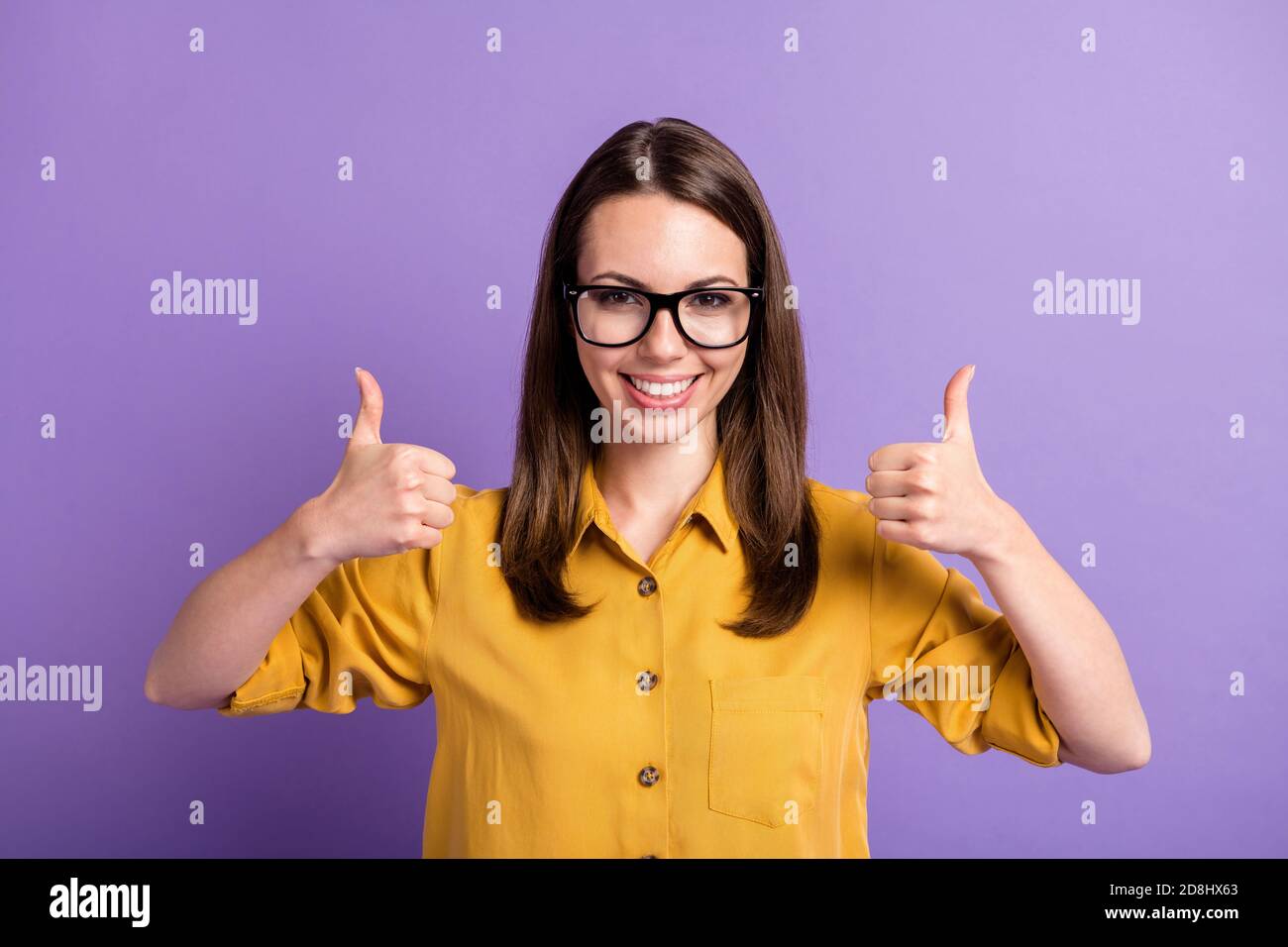 Photo of young charming girl raise two hands show thumb-up wear eyewear ...