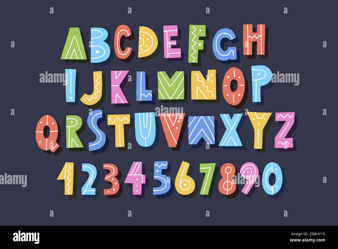 hand drawn alphabet, letters and numbers, vector illustration Stock ...