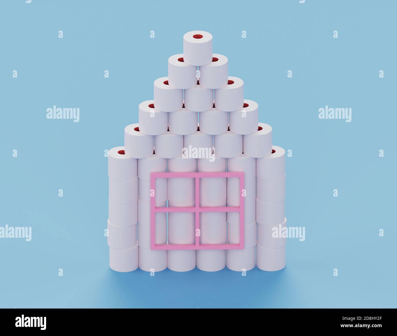a paper toilet house, a pyramid of toilet paper on a blue background ...