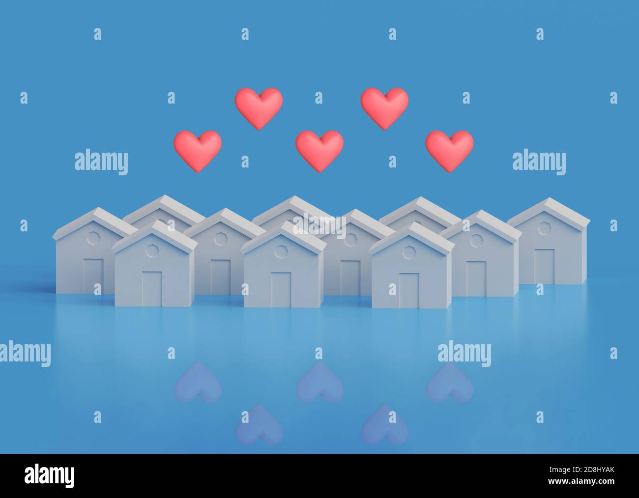 Many white houses with hearts over roofs, beloved family home concept ...