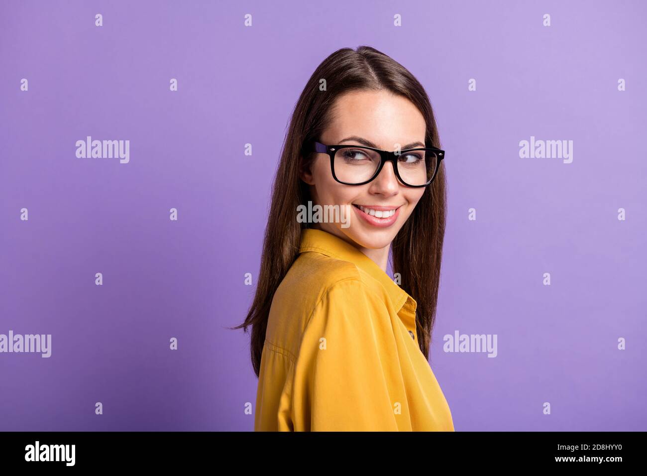 Profile photo of lovely young girl cunning look empty space wear ...