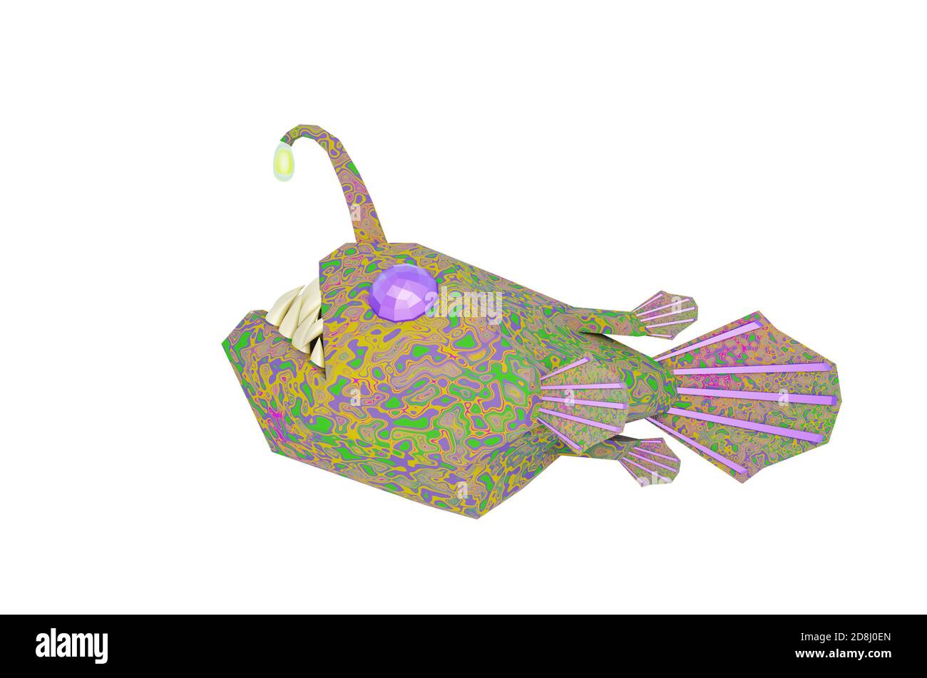 A bright multicolored angry deep-sea angler fish with sharp teeth. 3d ...
