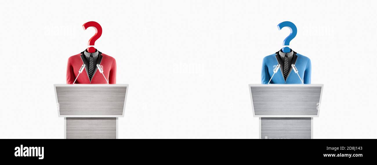 Politician with a question mark instead of head. Two politicians debate ...