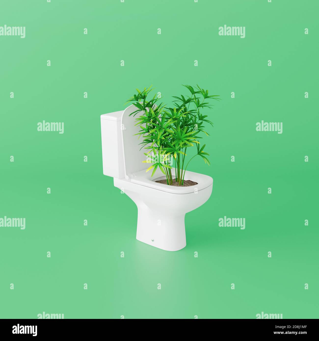 Plant growing from toilet, growth concept on green background. 3d ...