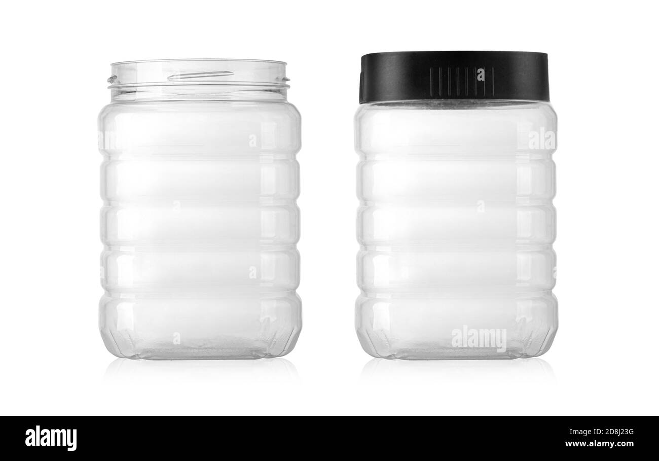 Empty plastic jar isolated on white background Stock Photo - Alamy
