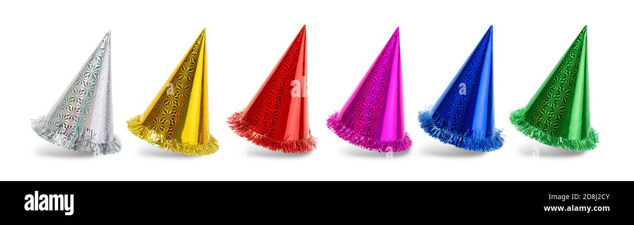Colorful party hats set Different festive headwear . Cone shaped ...