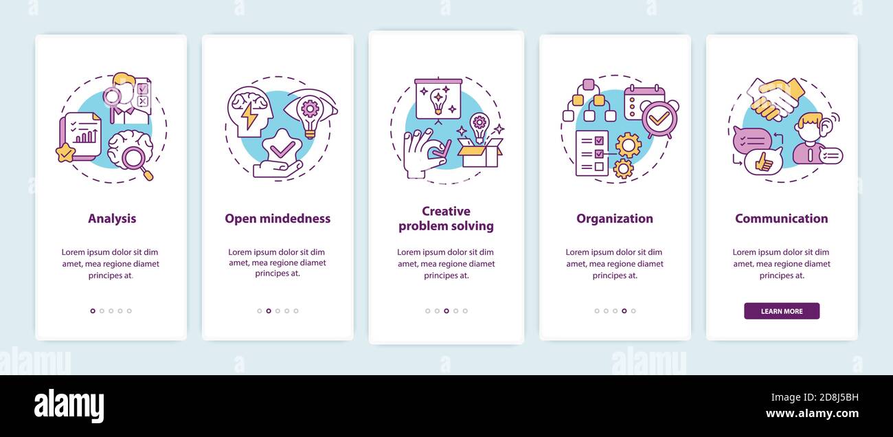 Creative thinking types onboarding mobile app page screen with concepts ...