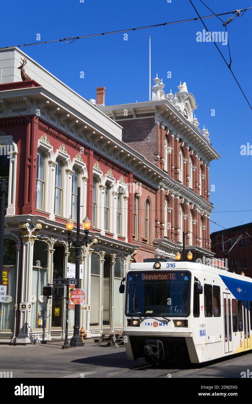 Max light rail in the Market Block of Old Town in Portland, Oregon, USA ...