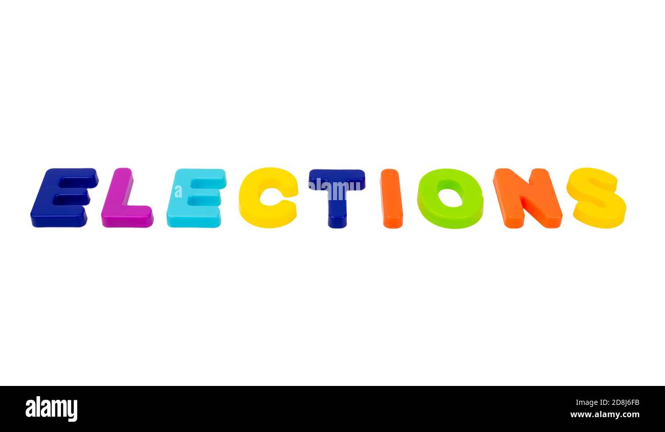 Text ELECTIONS written in plastic letters on a white background ...