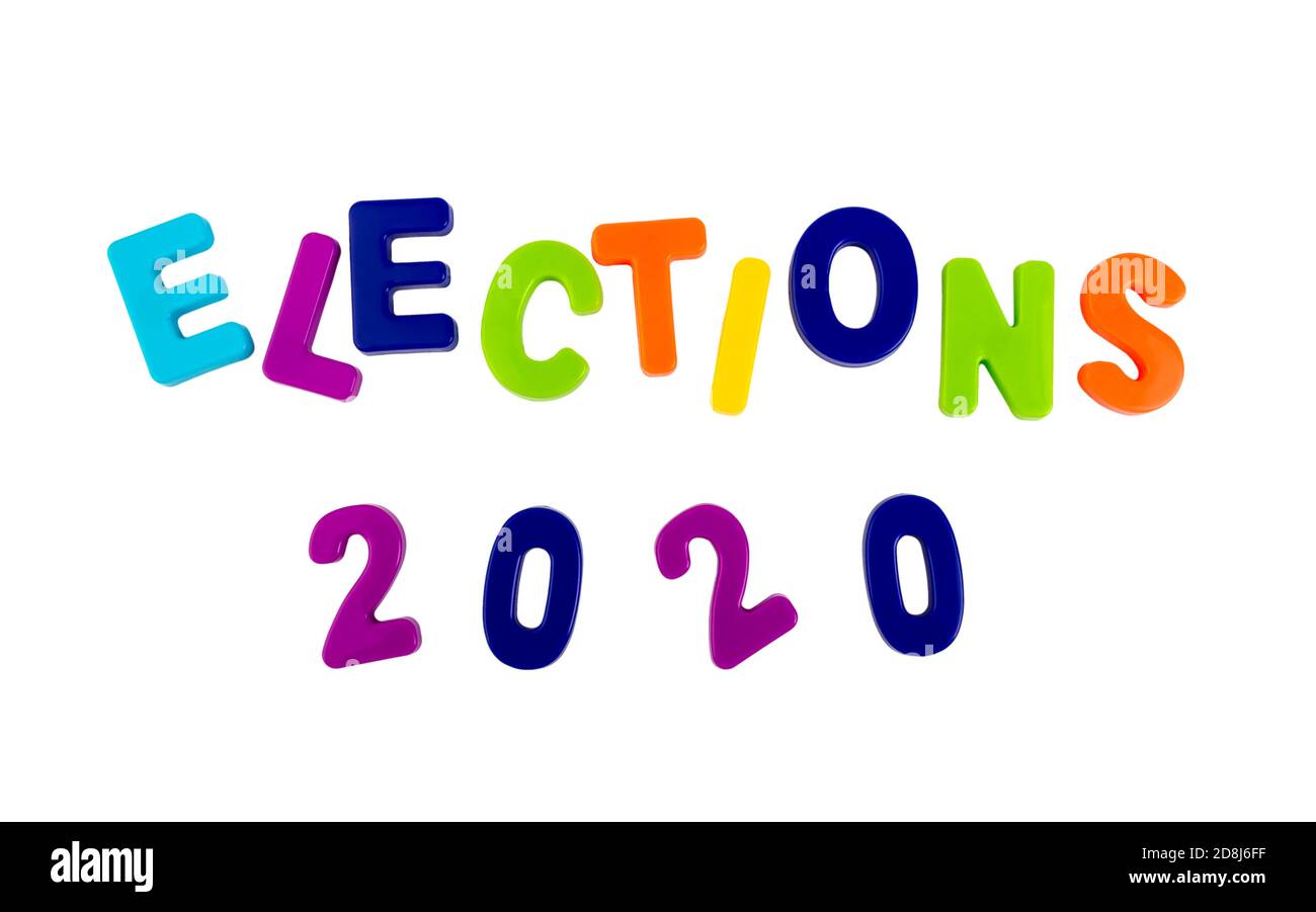 Text ELECTIONS 2020 written in plastic letters on a white background ...