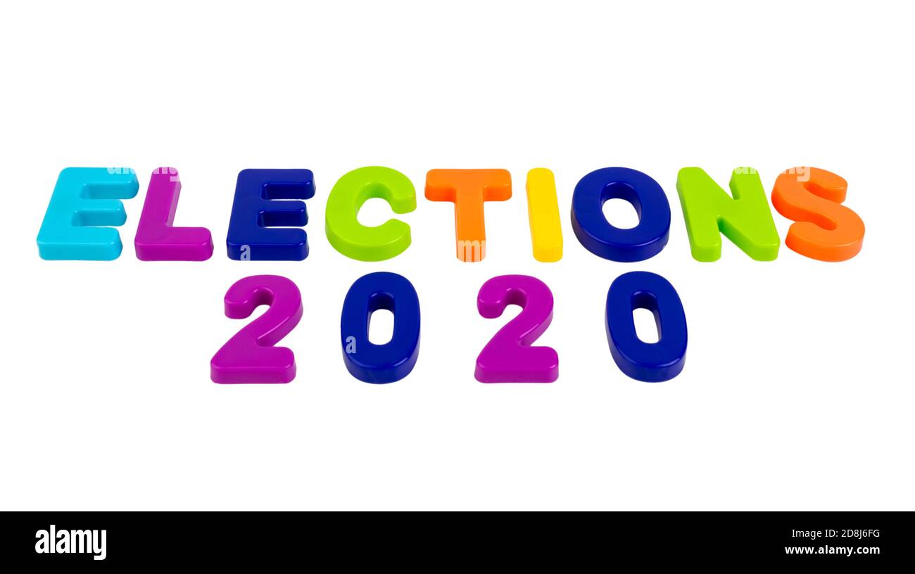 Text ELECTIONS 2020 written in plastic letters on a white background ...