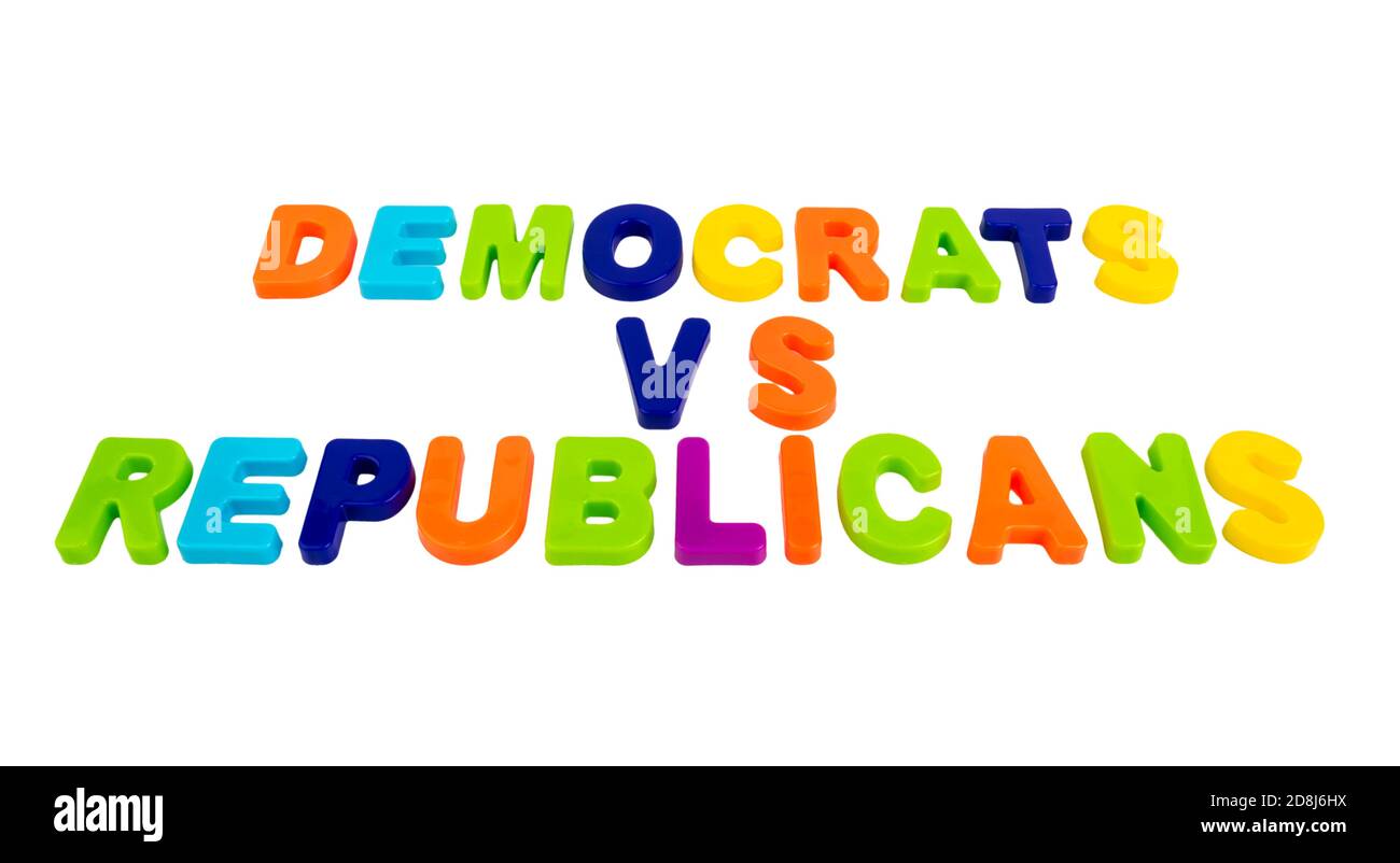 Text DEMOCRATS VS REPUBLICANS written in plastic letters on a white ...