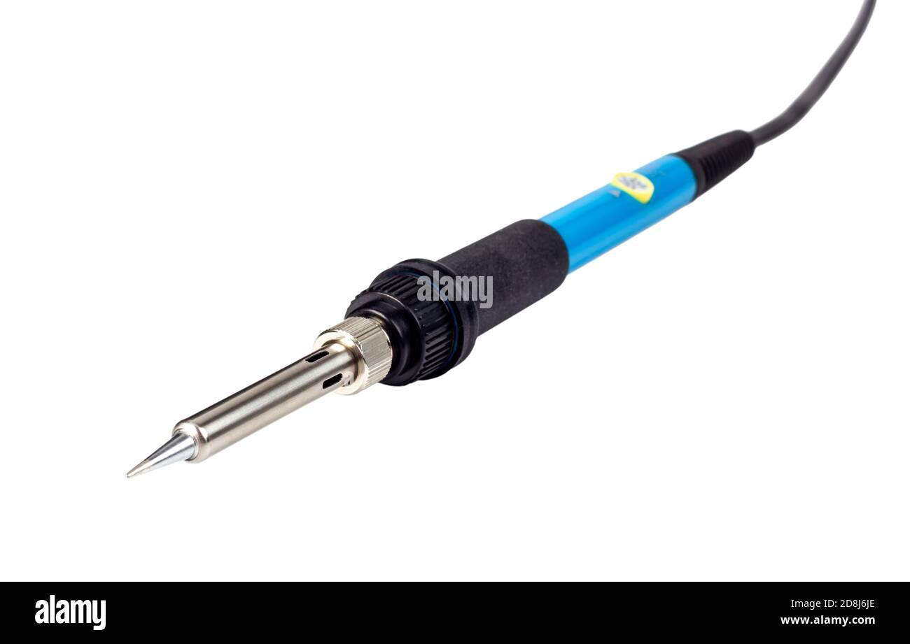 Electric soldering iron with the blue handle isolated on a white ...