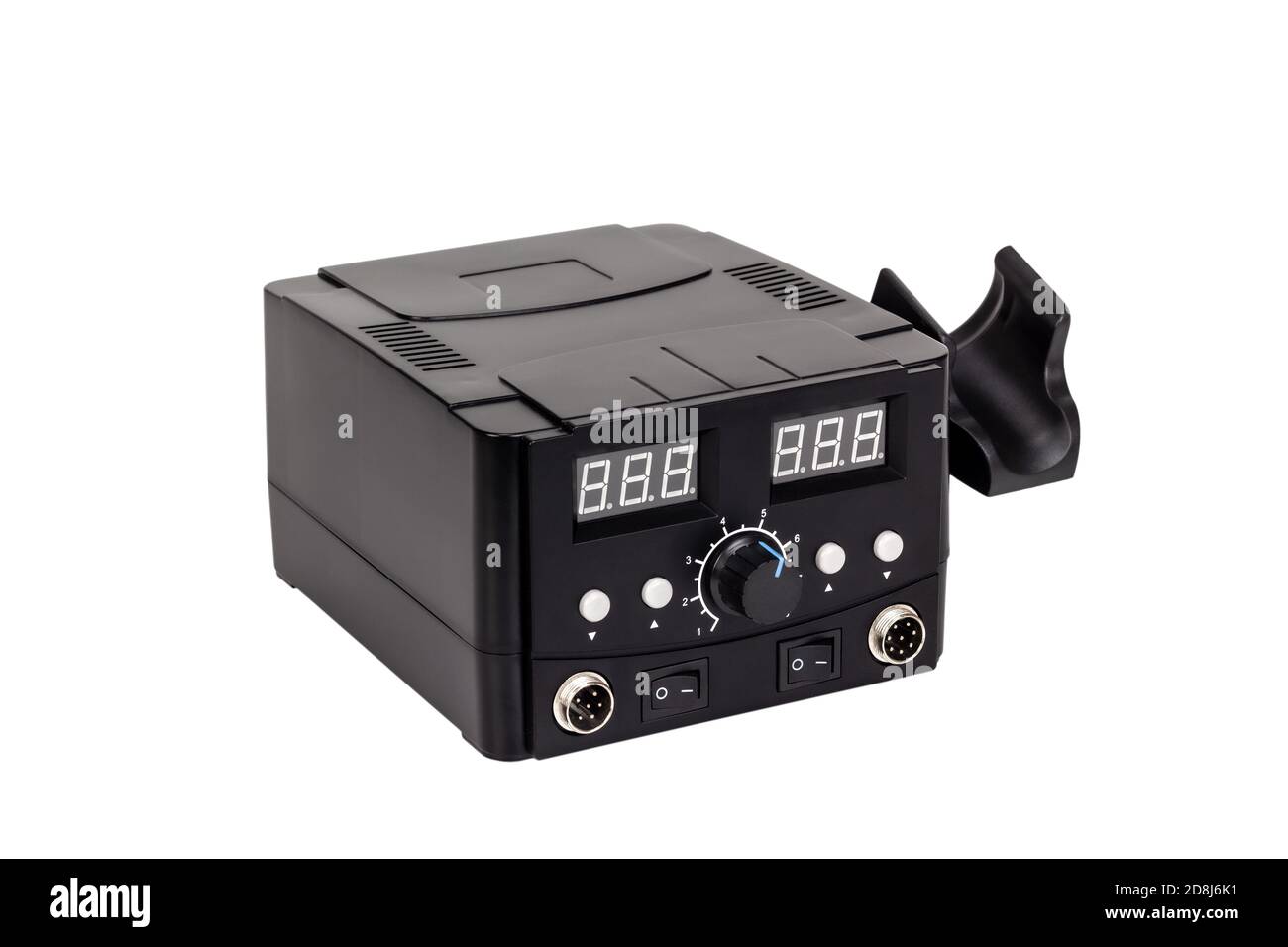 Soldering station with LED display and control regulator. Front view ...