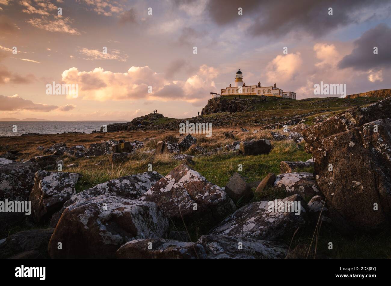 Neist Point Lighthouse at sunset, Isle of Skye, Scotland Stock Photo ...