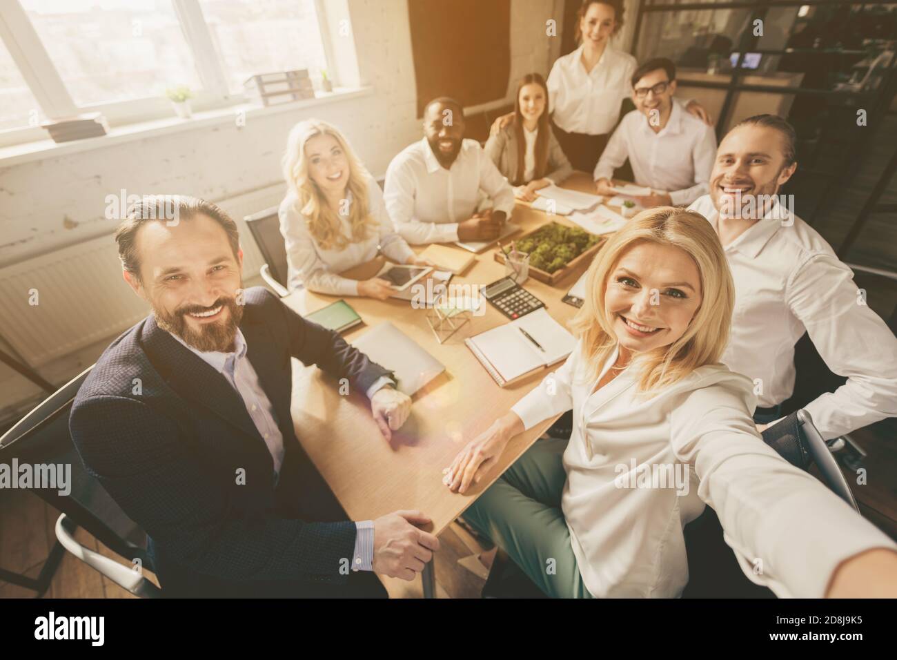 Self-portrait of nice attractive experienced cheerful stylish coworkers ...