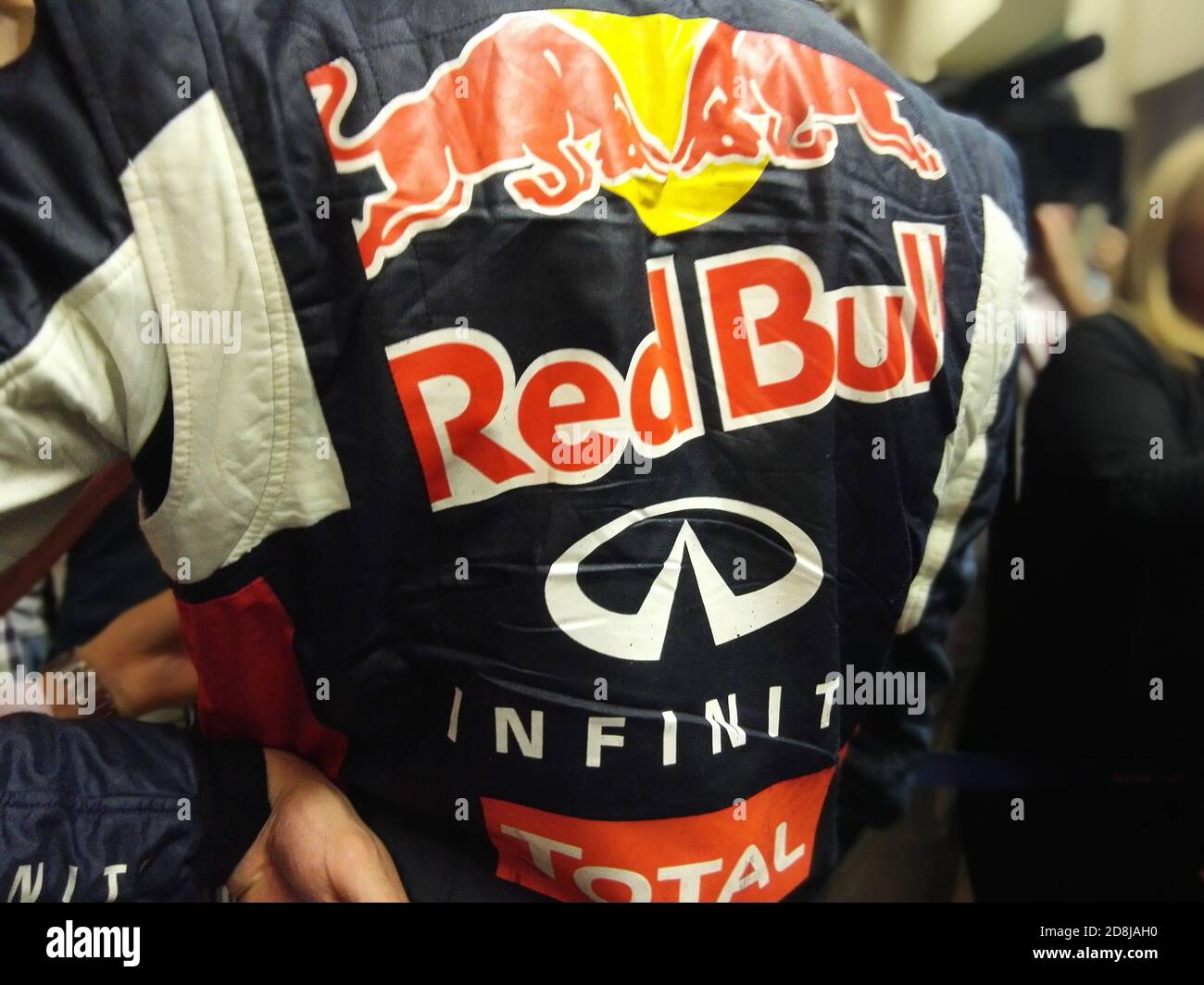 The back of the driver's suit of the Red Bull F1 team with the logo of ...