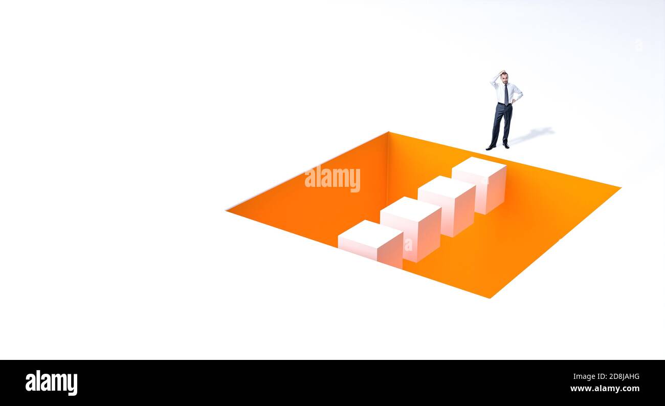 businessman worried about a hole in the ground. Problem solving concept ...