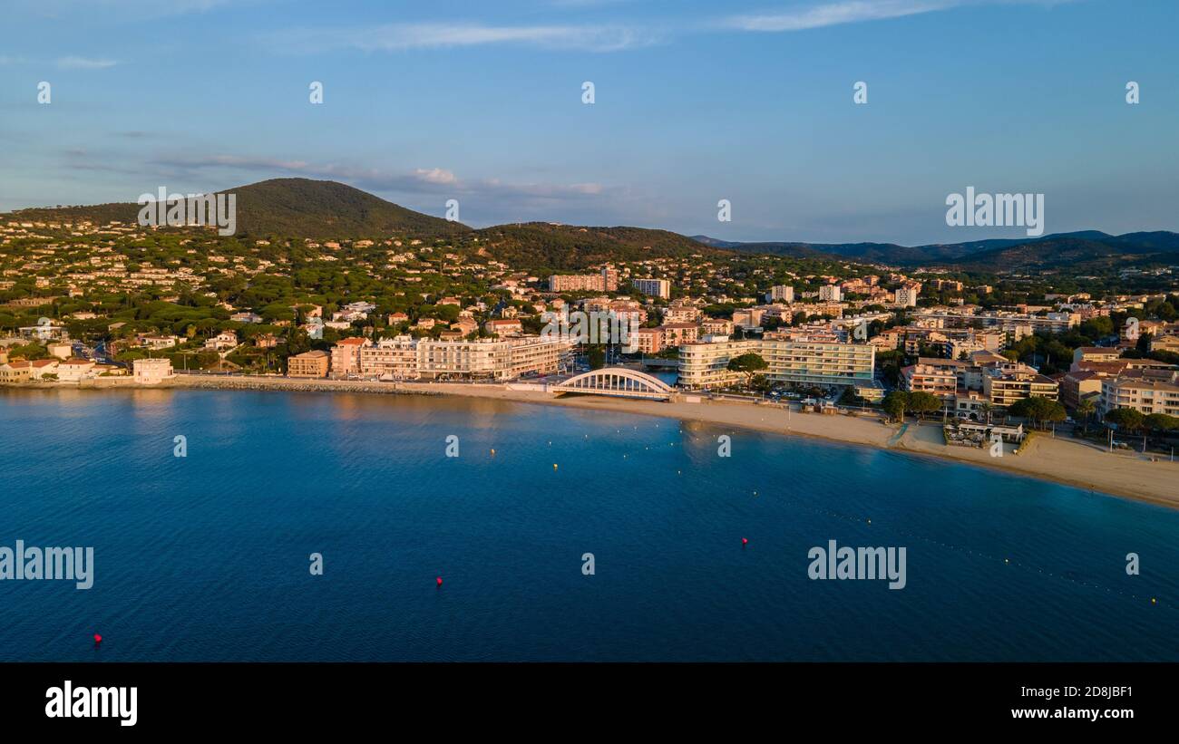 Aerial view of Sainte-Maxime seafront and its famous bridge in French ...