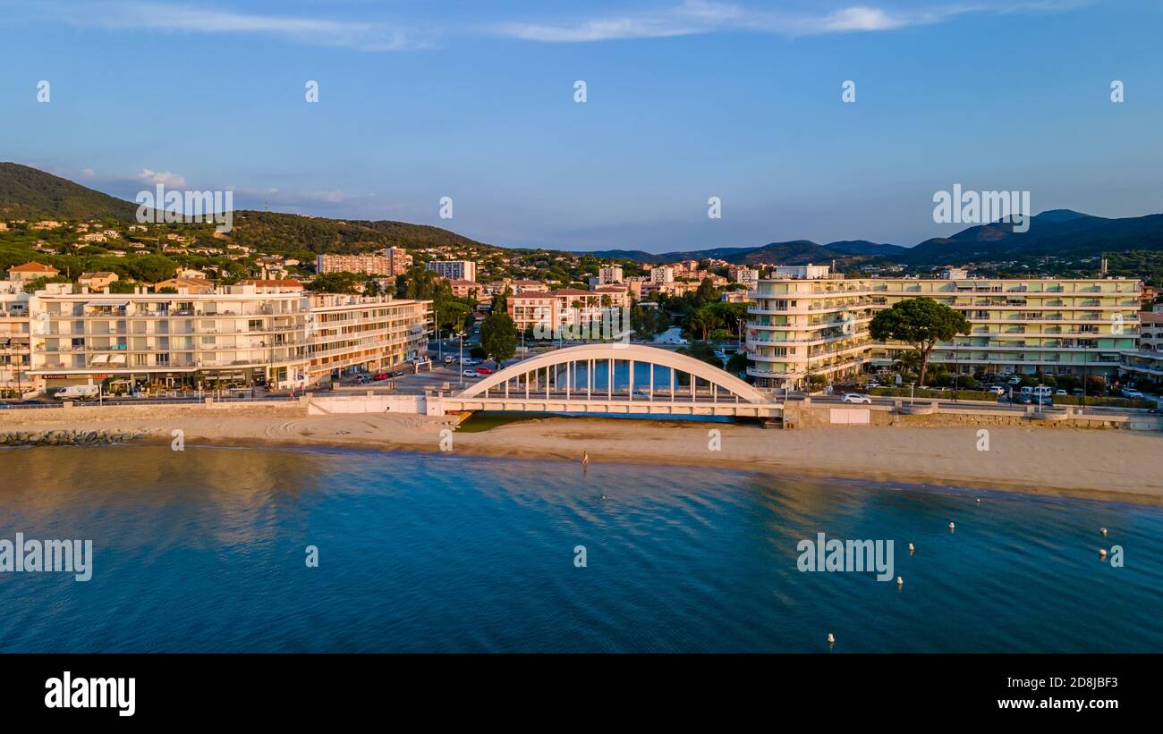 Aerial view of Sainte-Maxime seafront and its famous bridge in French ...