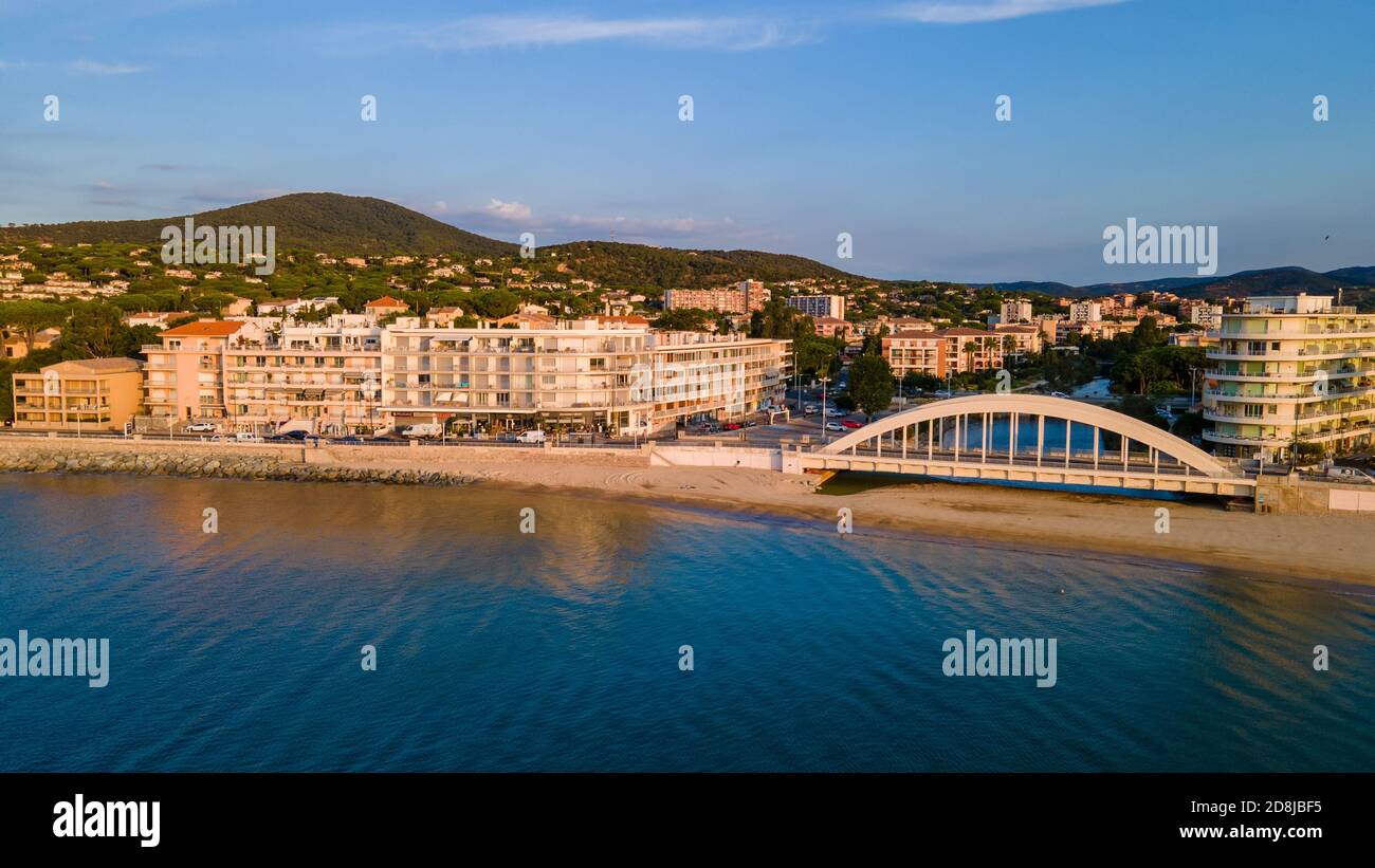 Aerial view of Sainte-Maxime seafront and its famous bridge in French ...