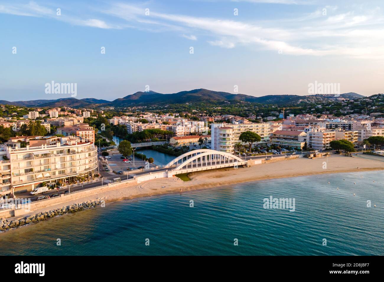 Aerial view of Sainte-Maxime seafront and its famous bridge in French ...