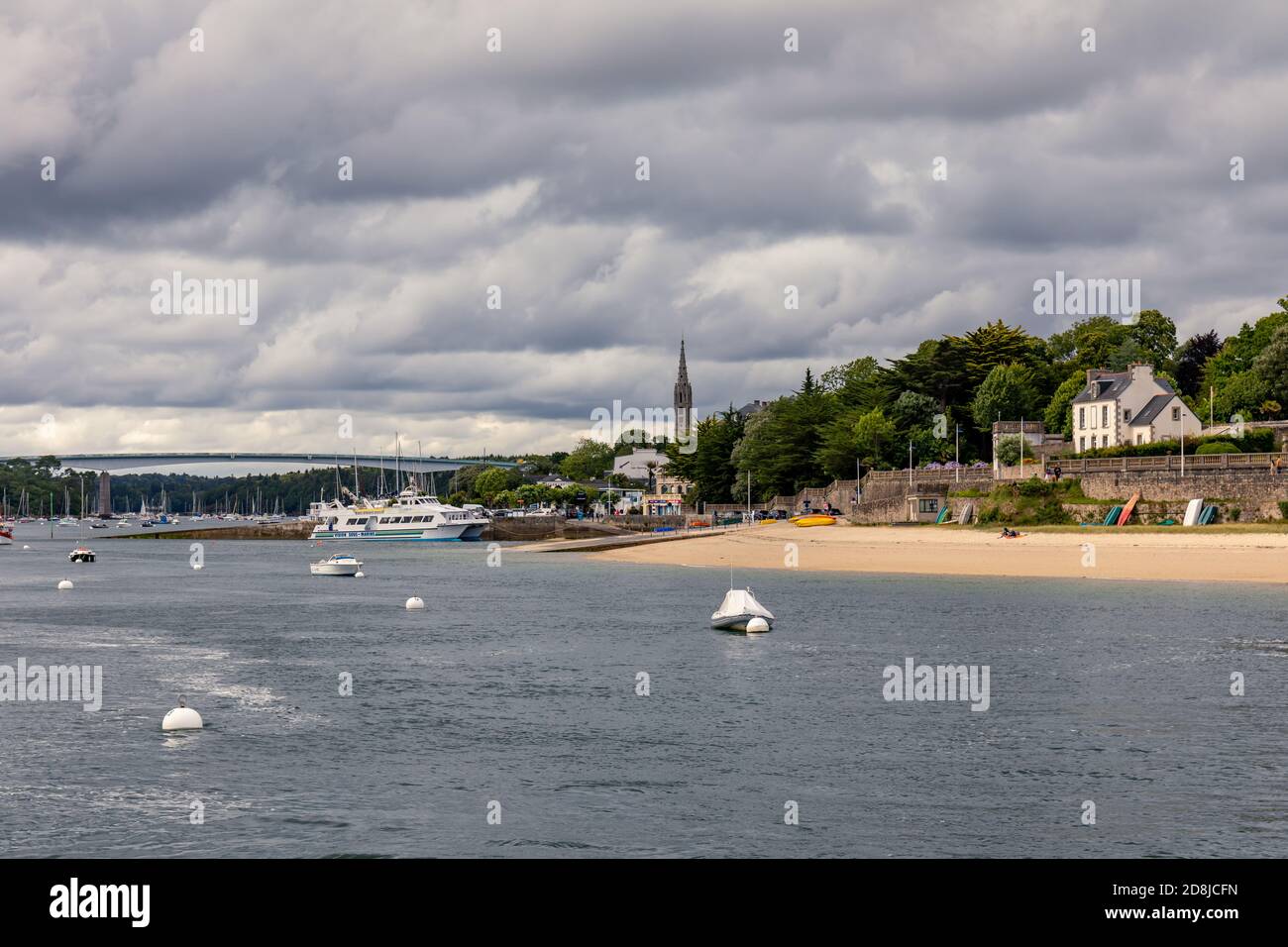 Benodet beach, the church and the bridge, Finistere, Brittany, France ...