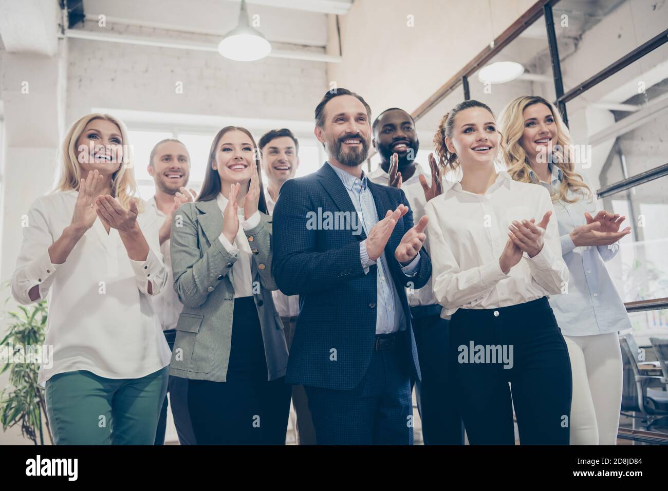 Low angle view photo of business people man woman partners experts ...