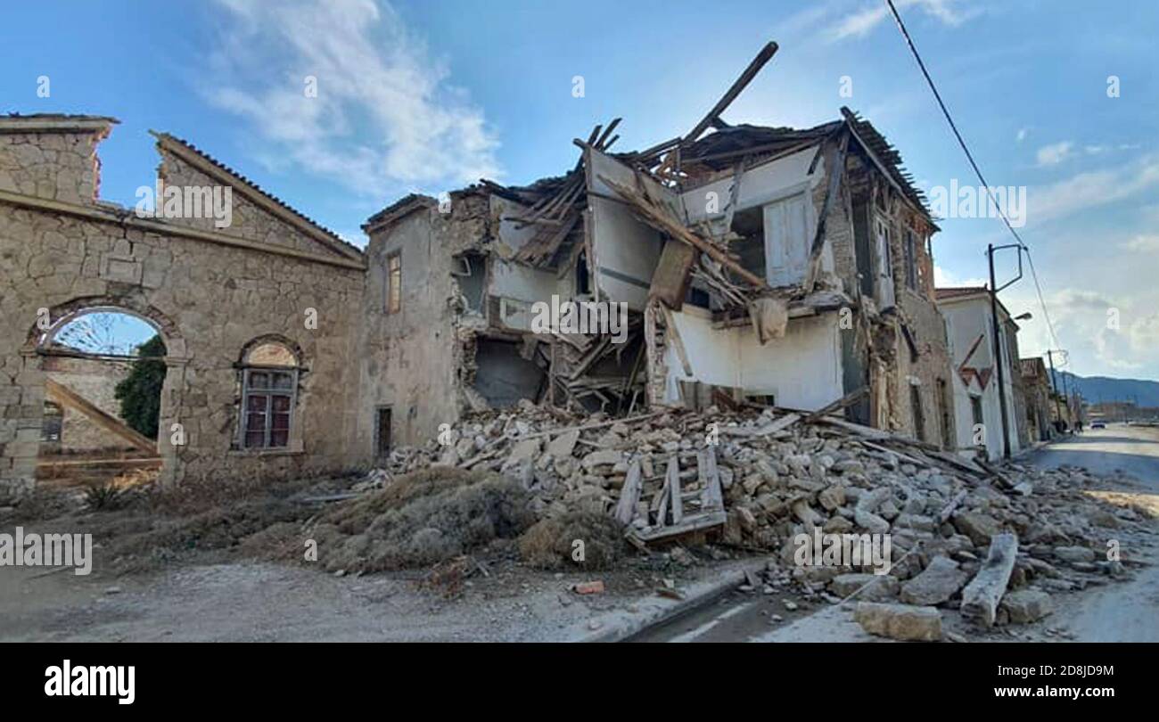 Samos, Greece. 30th Oct, 2020. A damaged house is seen after an ...