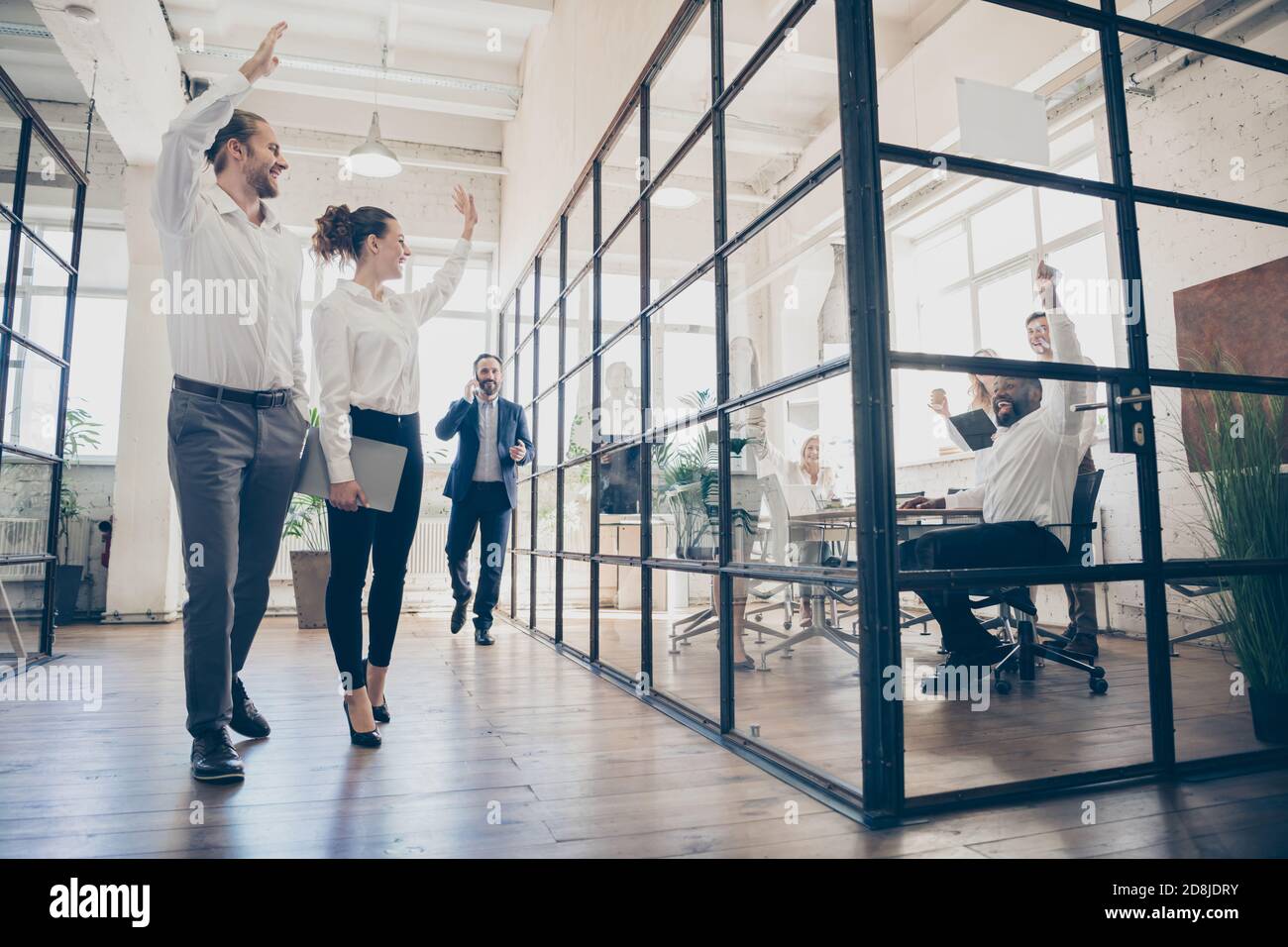 Full length photo of positive freelancers man woman go walk training ...