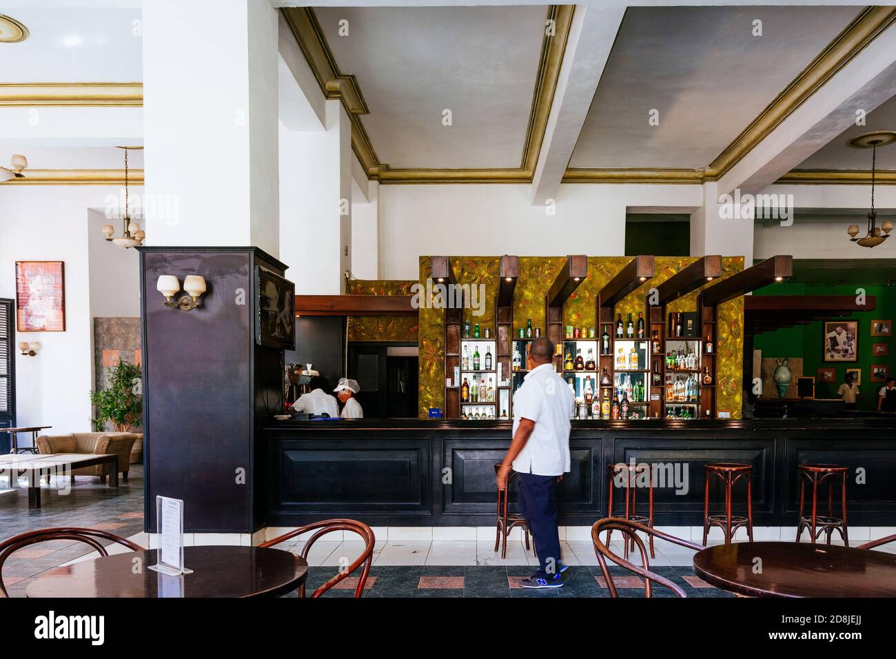 The lobby and bar of the Ambos Mundos Hotel. Historical hotel built in ...