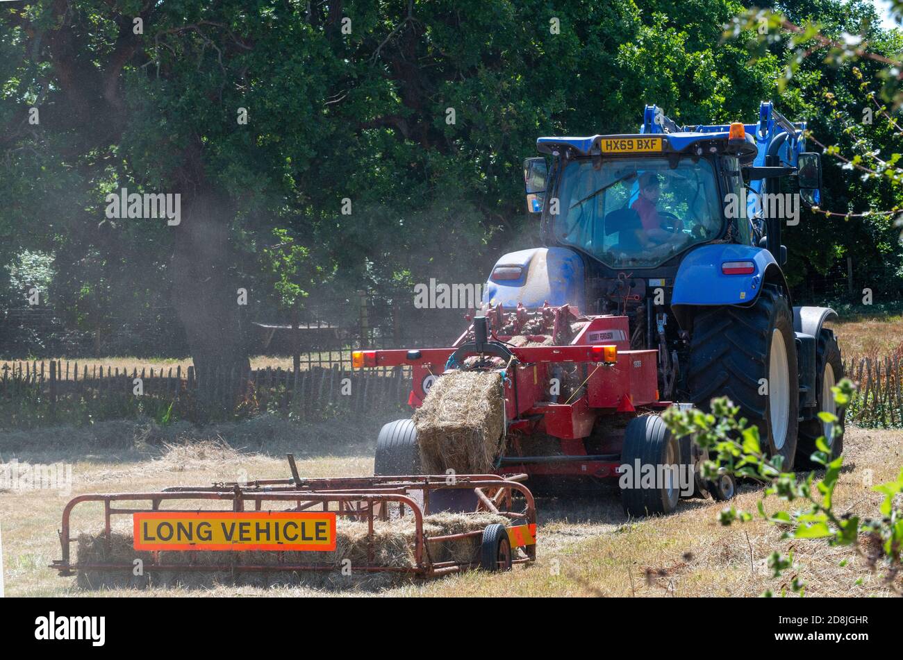 Farmer in summer with tractor and trailer making hay in field in West ...