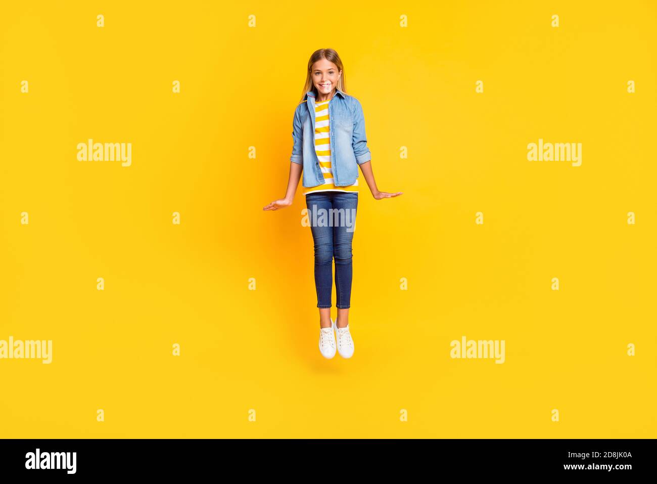 Full length body size photo of smiling shy girl with blonde hair ...