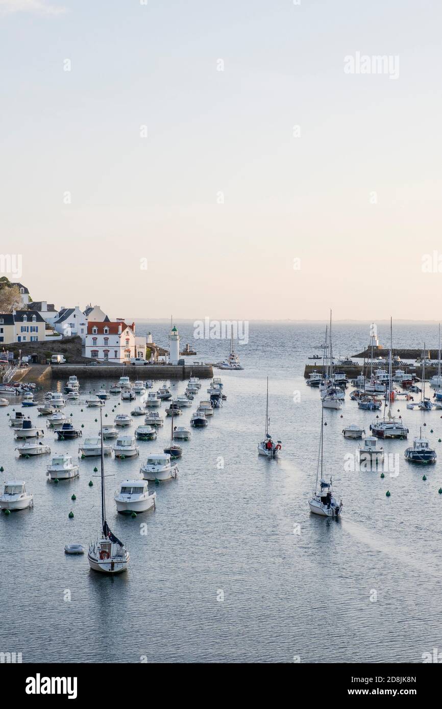 Early morning light at the harbour of Sauzon on the island of Belle Ile ...