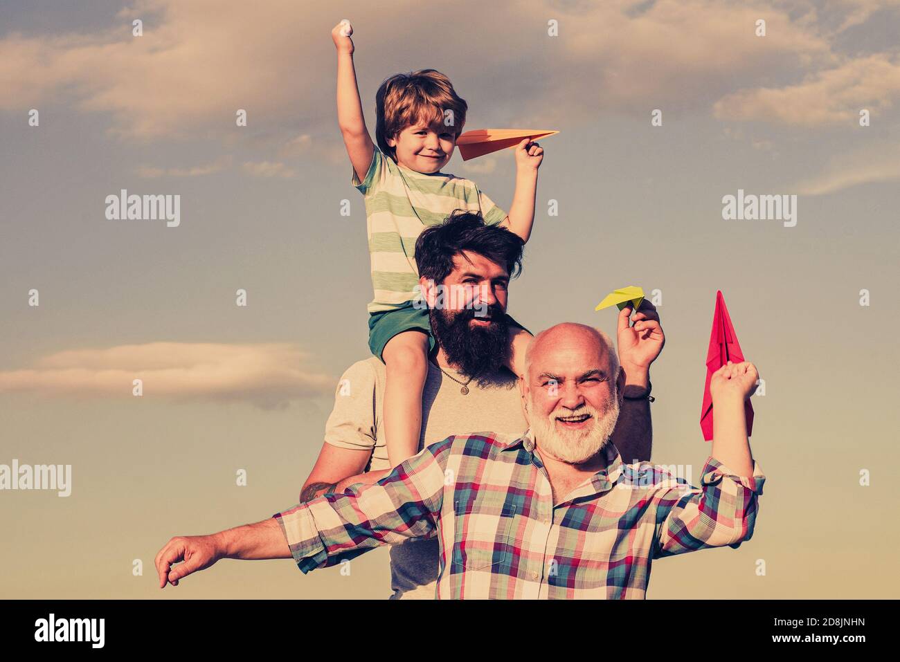 Generation of people and stages of growing up. Child pilot aviator with ...