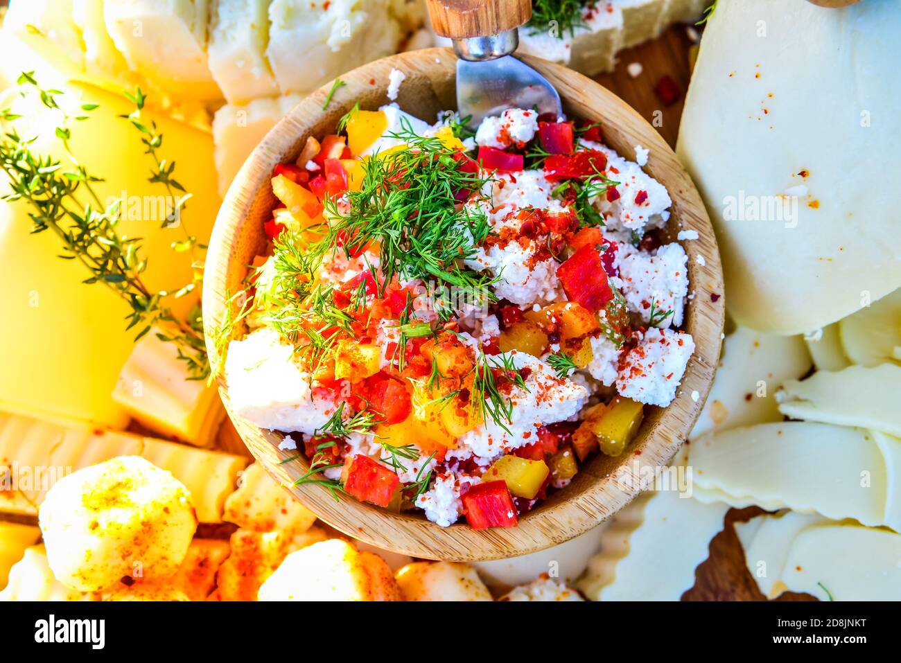 Vegetarian salad with vegetables and cheese and an assortment of ...