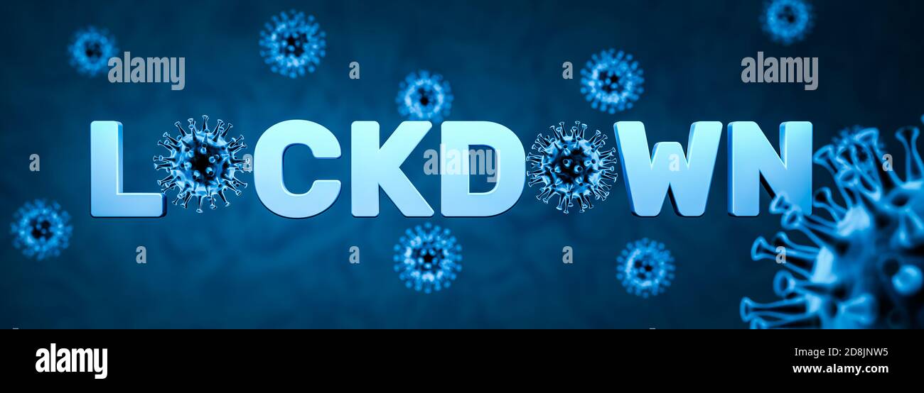 3D render: "Lockdown" text with embedded and surrounding Corona viruses ...