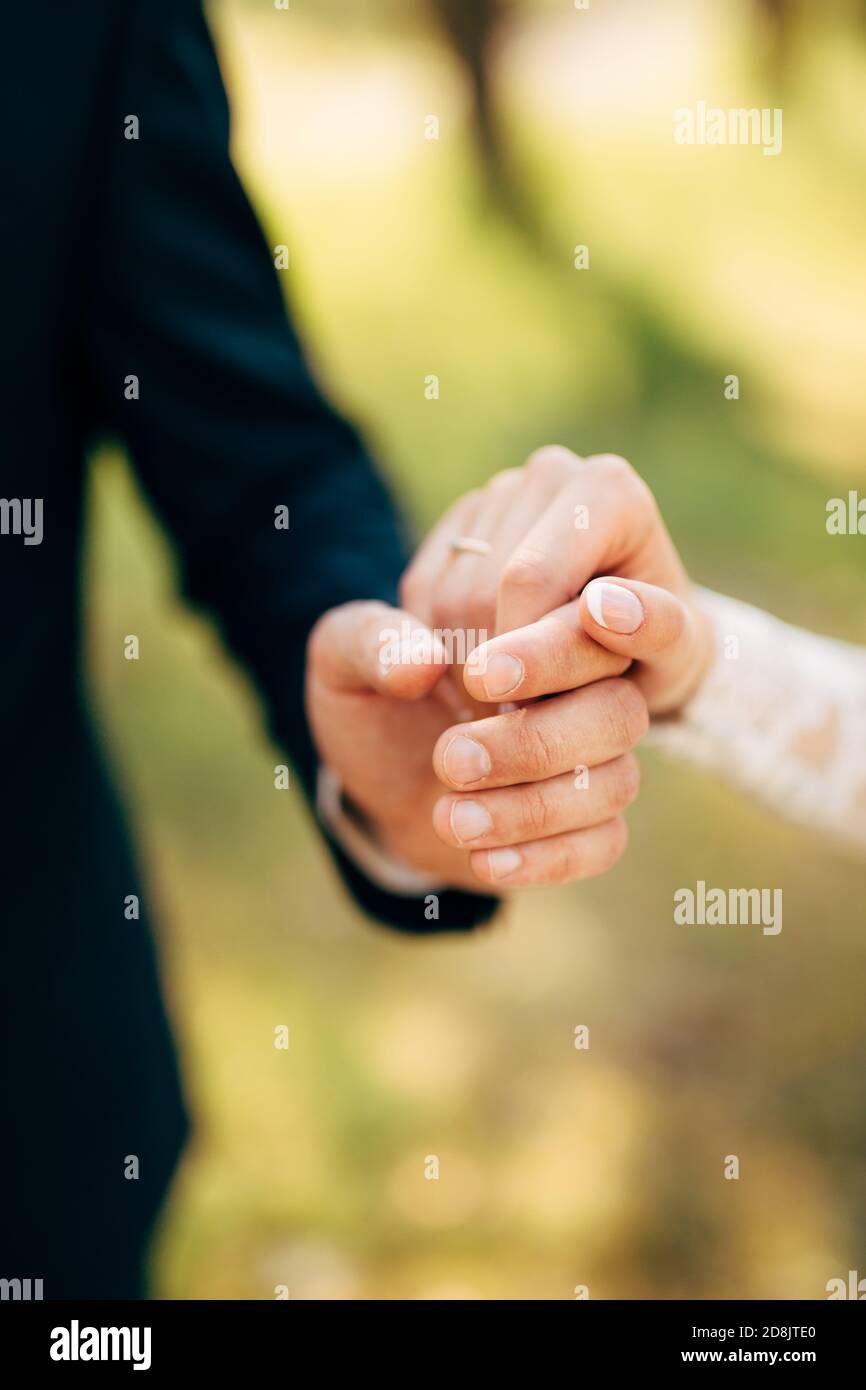 hands of groom and bride hold together Stock Photo - Alamy
