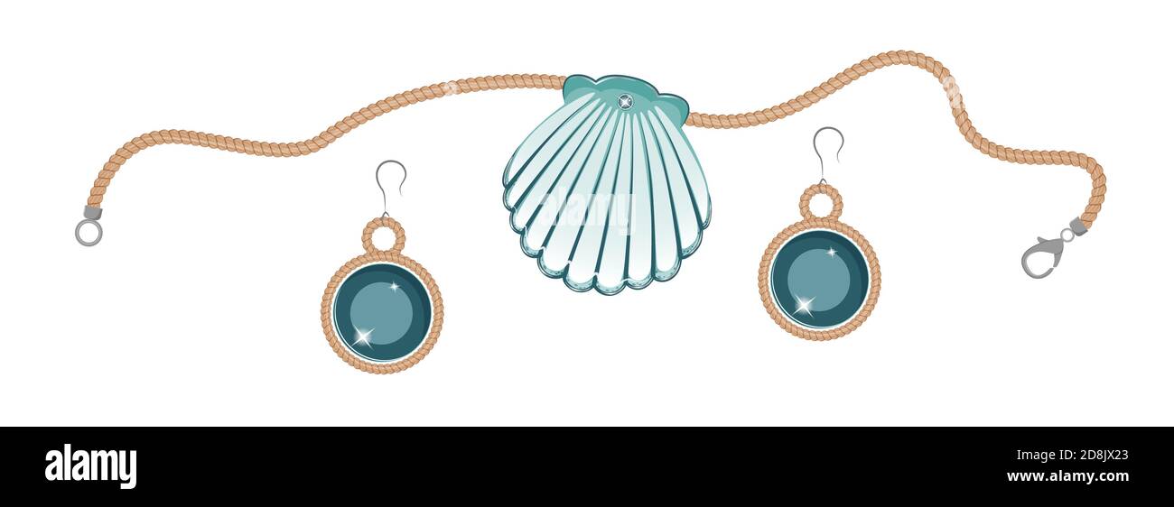Seashell necklace on rope and earrings, marine jewerly. Vector ...