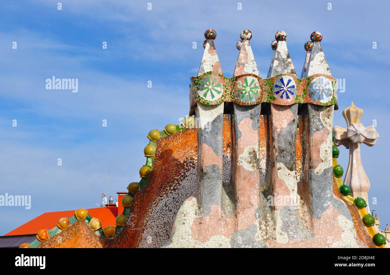 Casa Batllo, rooftop and chimney detail, famous building by Gaudi ...