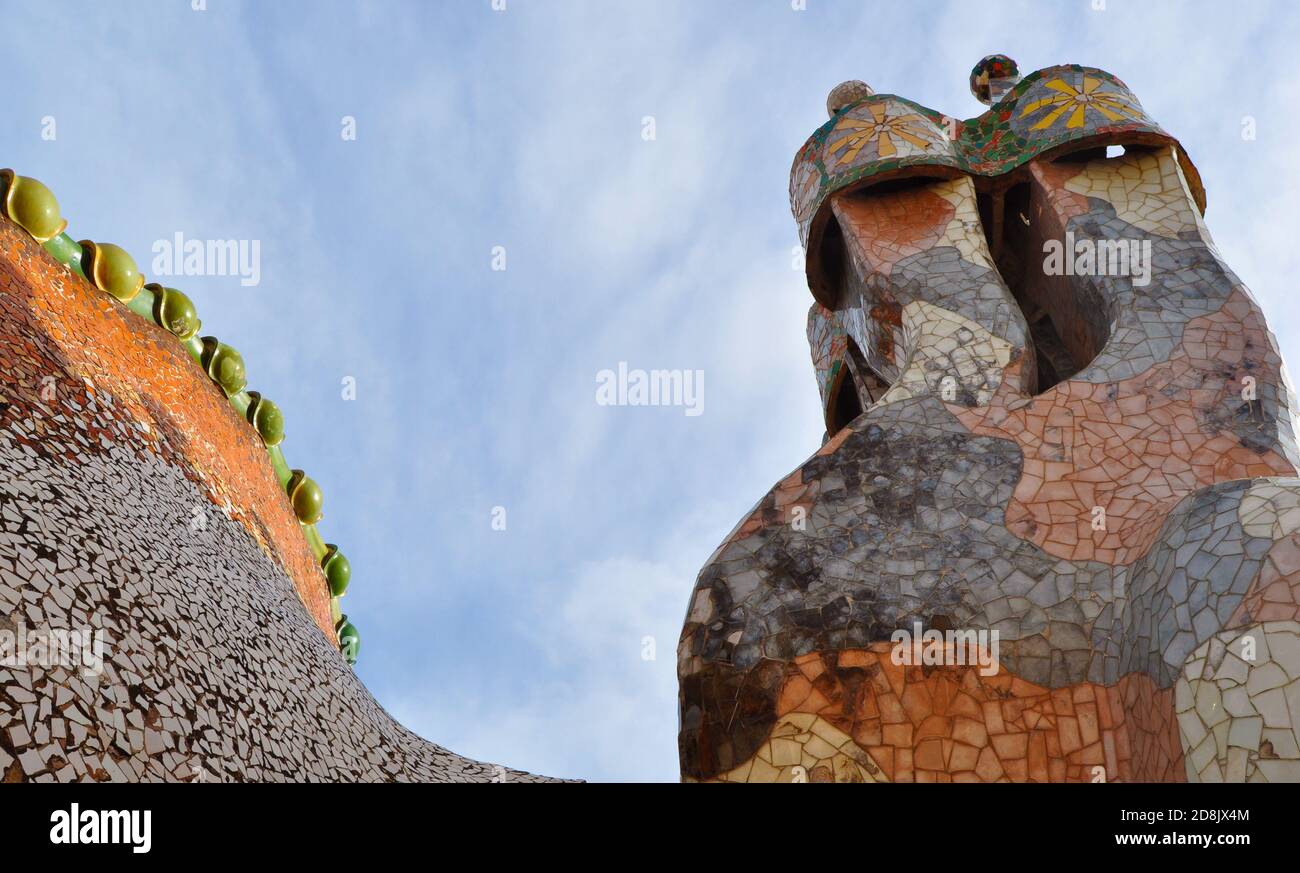 Casa Batllo, rooftop and chimney detail, famous building by Gaudi ...