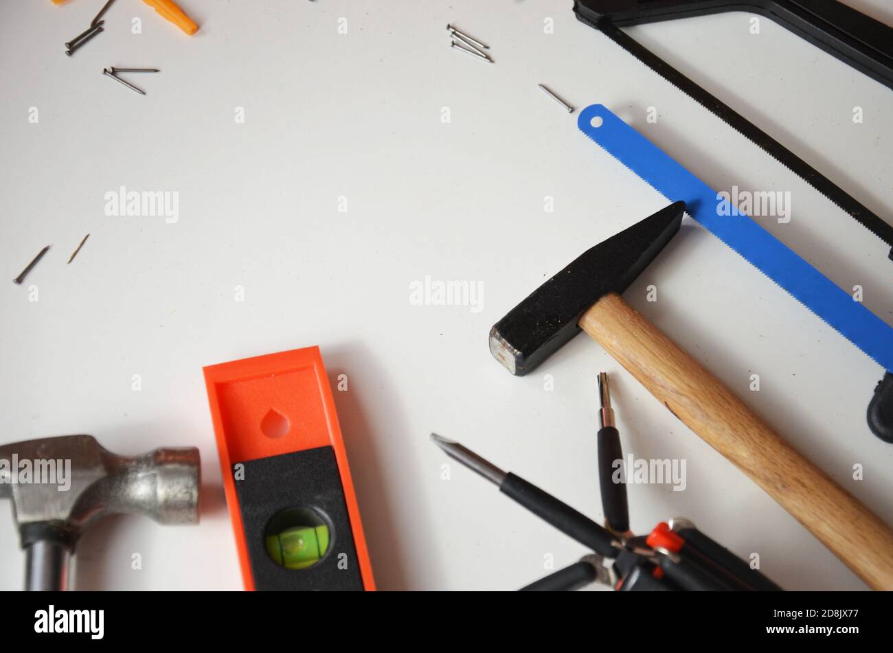 professional builder work with house renovation instruments on white ...