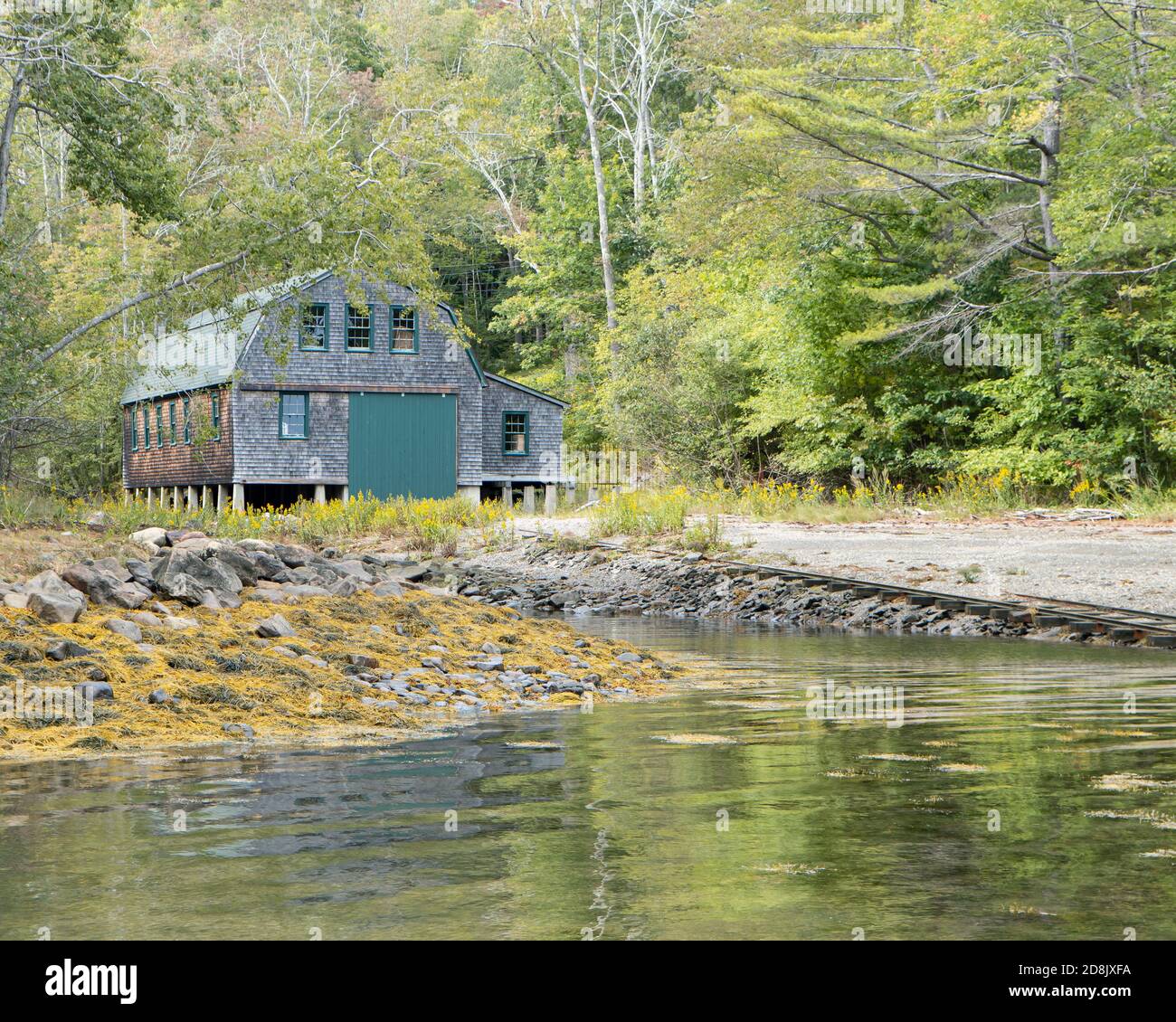 Old boat house in a small cove on the Atlantic Coast in Maine Stock ...