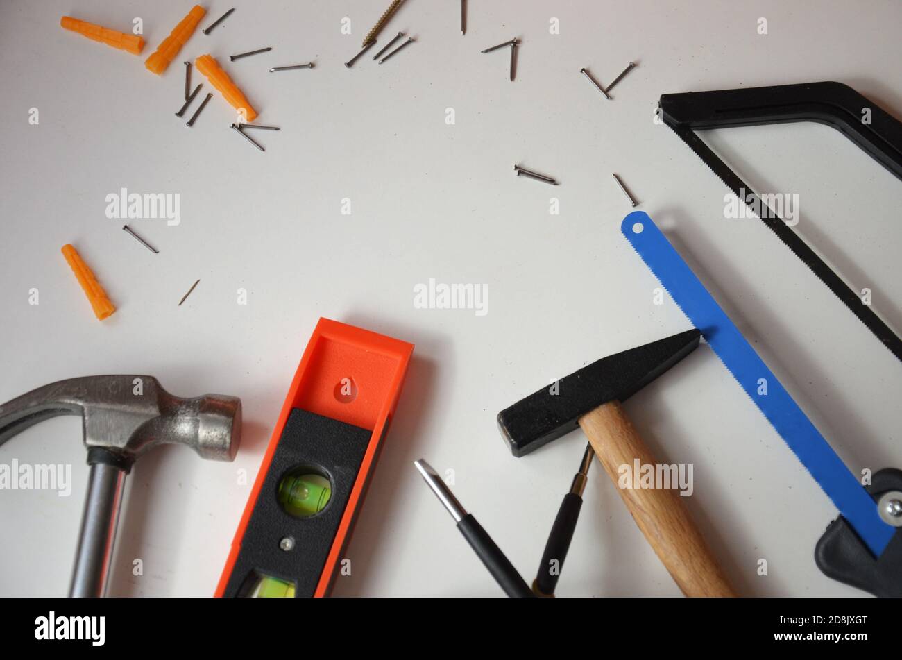 professional builder work with house renovation instruments on white ...