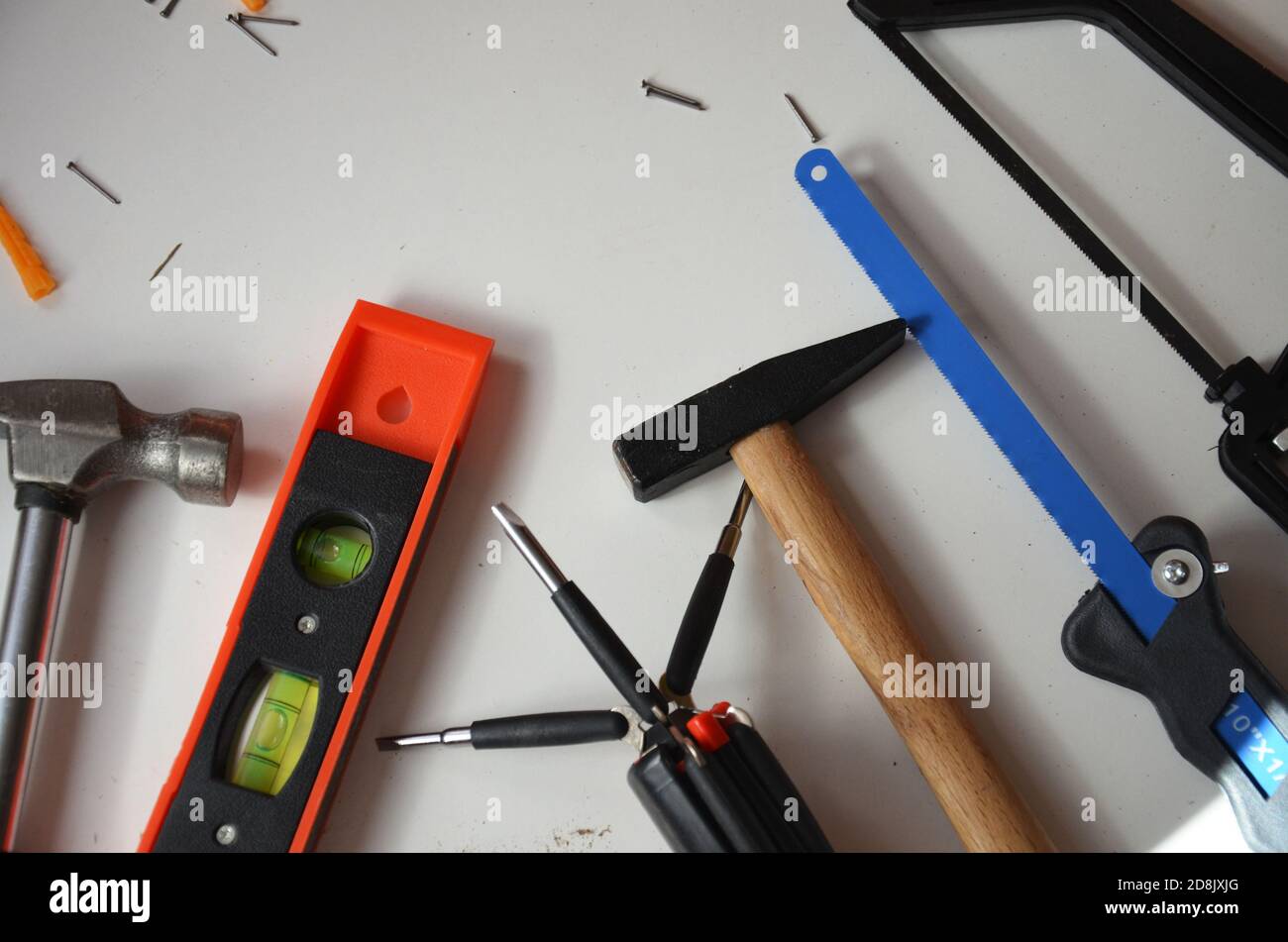 professional builder work with house renovation instruments on white ...