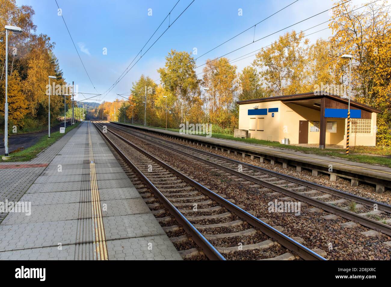 Railway tracks. Rail transport. Train transport. Autumn foggy morning ...